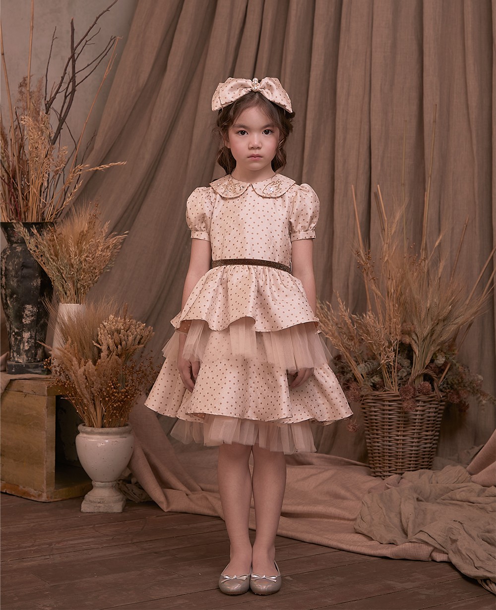 Nude Polka Dot Capped Sleeve Dress