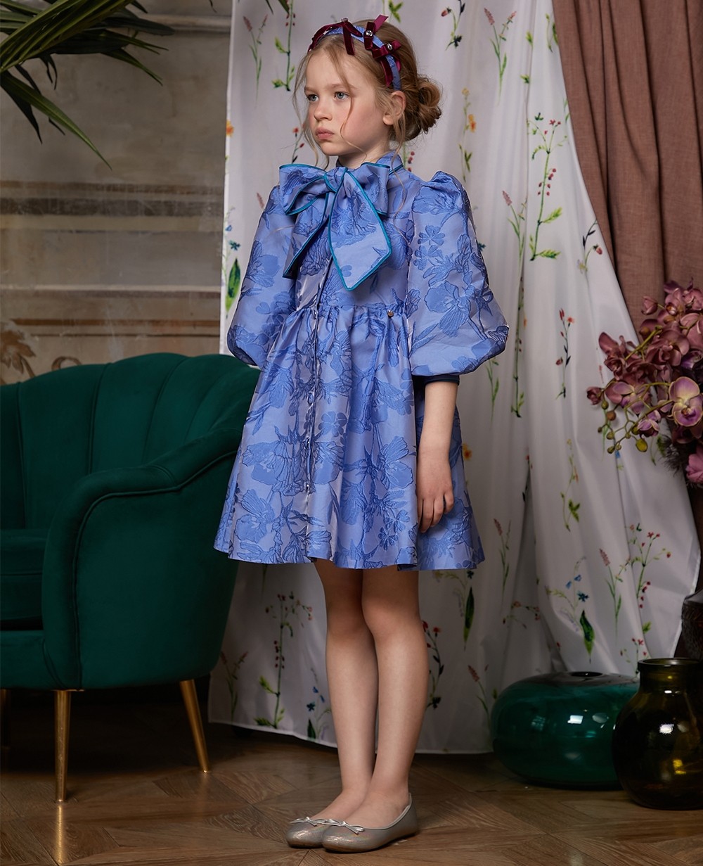 Ocean Blue Bow Brocade Dress